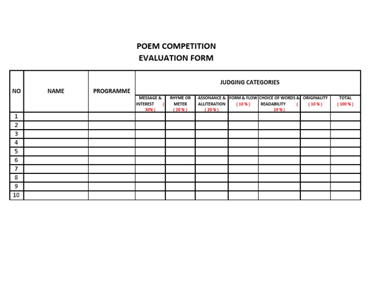 Poem Competition Evaluation Form: Judging Categories NO Name Programme ...