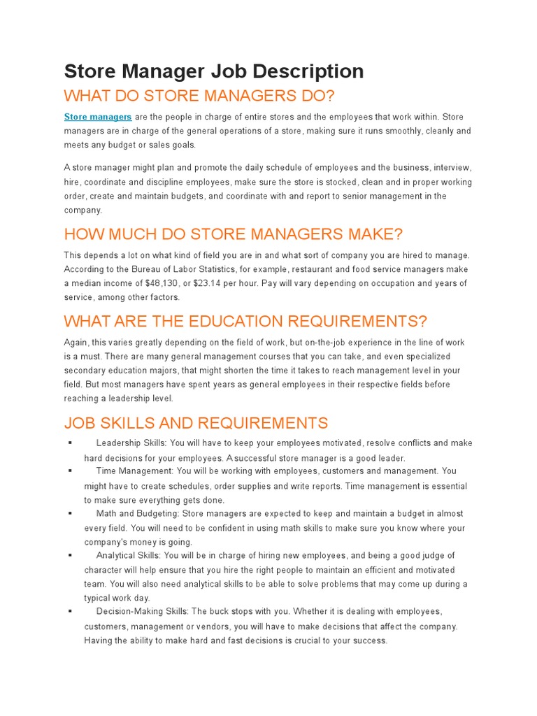 Store Manager Job Description Exemple | PDF | Employment | Retail