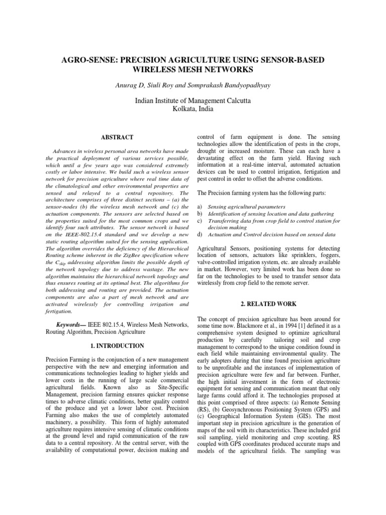 Agro Sense Precision Agriculture Using Sensor Based Wireless Mesh Networks Pdf