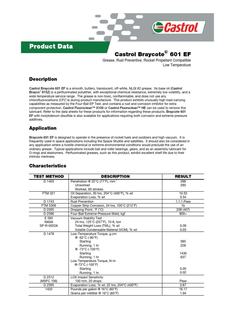 Braycote 601ef - Datasheet | PDF | Chemistry | Manmade Materials