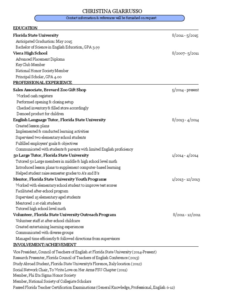 FSU English Education Resume | PDF