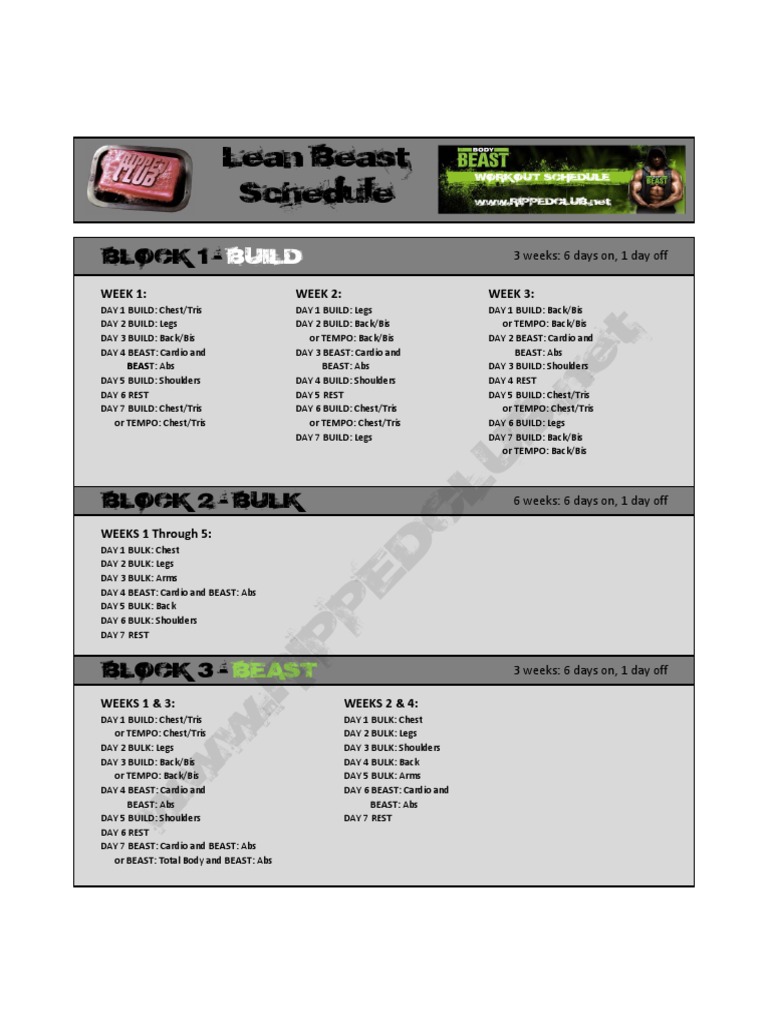 BODY BEAST Workout Schedule Lean Beast | PDF | Sports