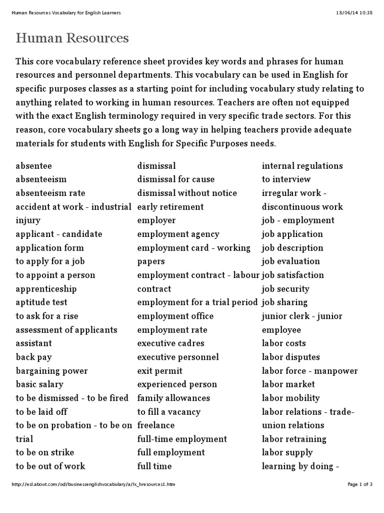 Human Resources Vocabulary For English Learners | PDF | Trade Union ...