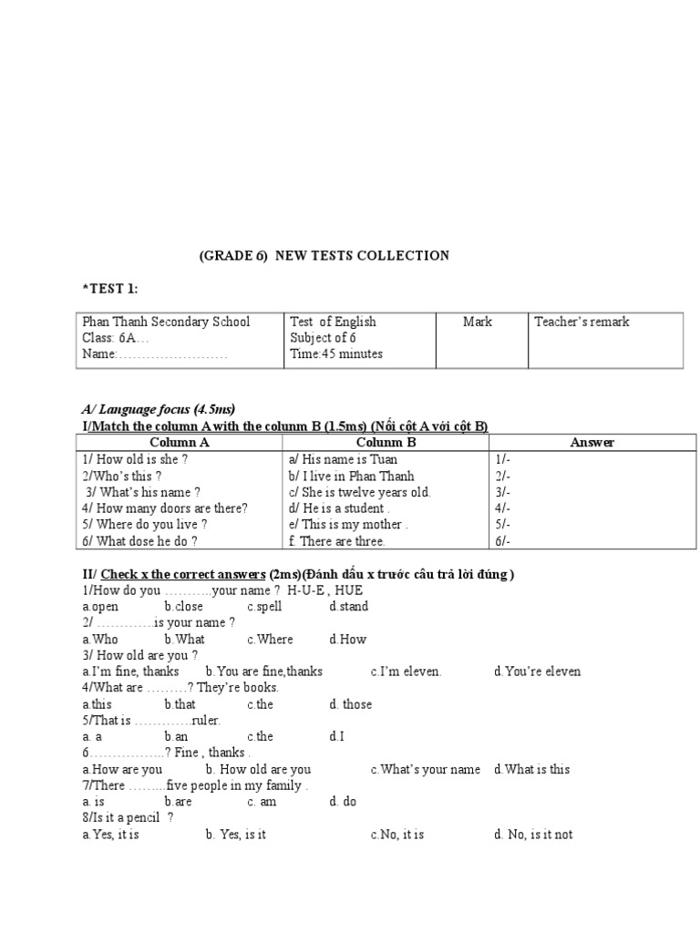 Grade 6 English Test Collection | PDF | Schools