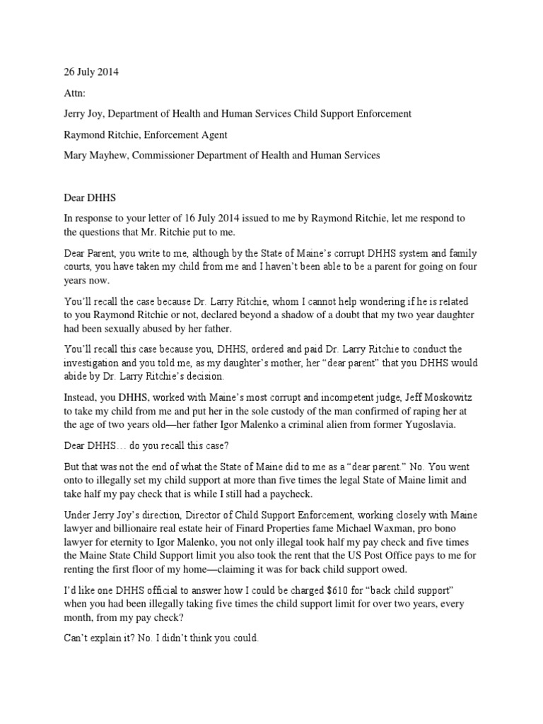 Dear Parent DHHS Letter July 2014 | PDF | Child Support | United States ...