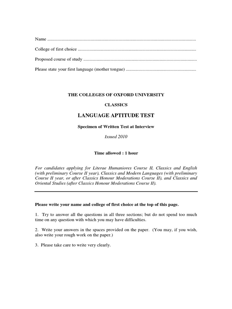 2010 - Language Aptitude Specimen Written Test | PDF | Adjective | Noun