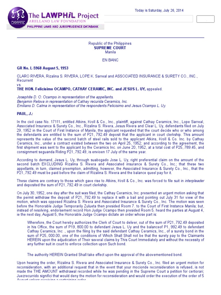 Rivera Vs Judge Ocampo | PDF | Surety Bond | Lawsuit
