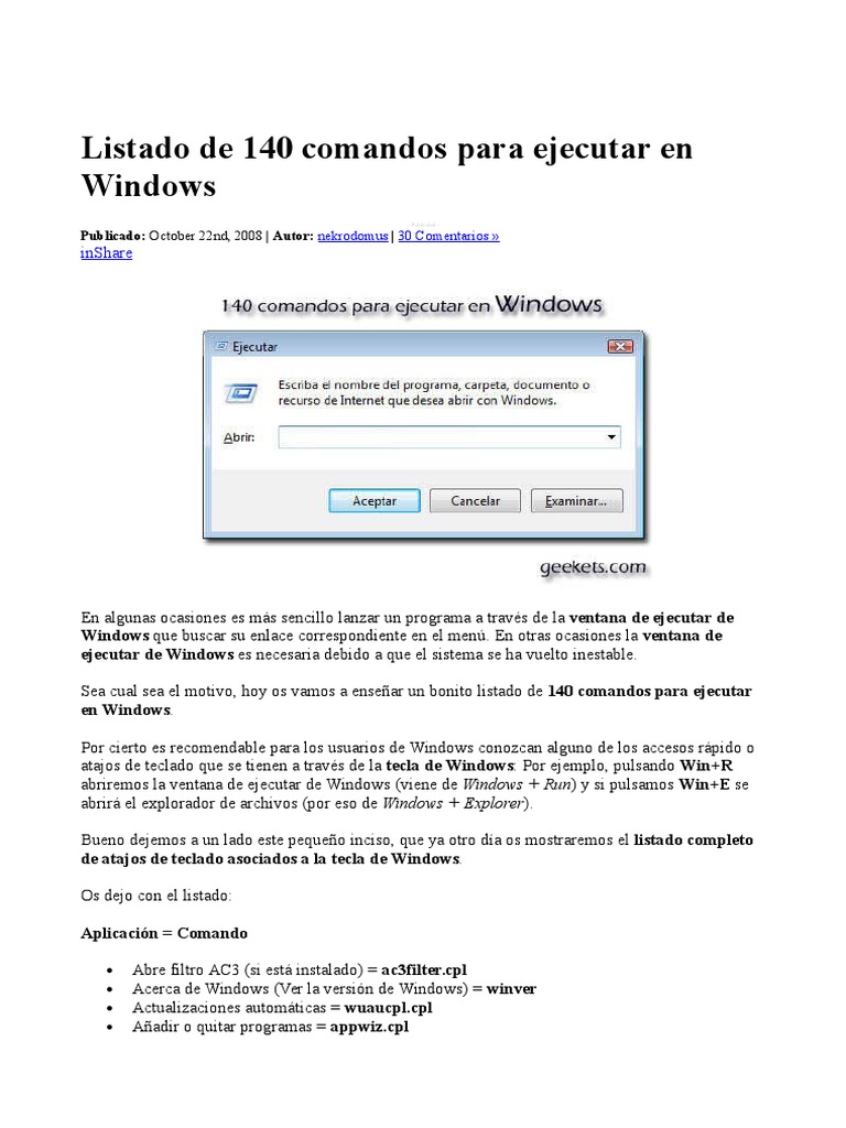 Listado de 140 Comandos para Ejecutar en Windows | PDF | Microsoft ...
