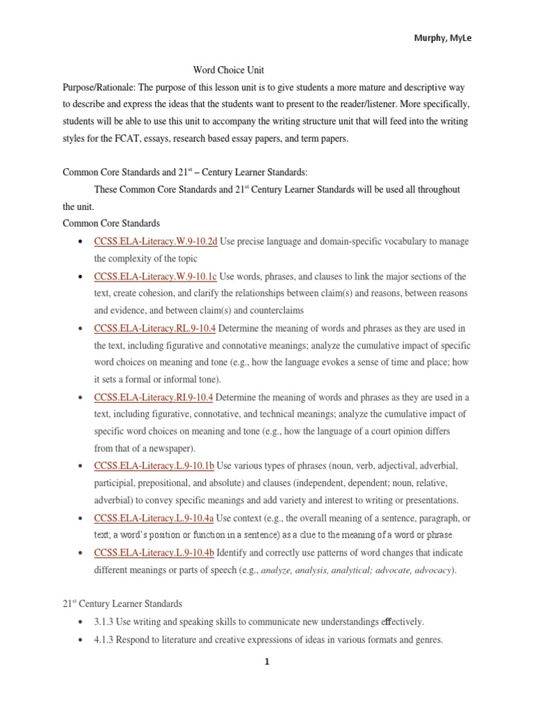 Murphy Myle Lae3333 - Word Choice Unit | PDF | Sat | Individualized ...