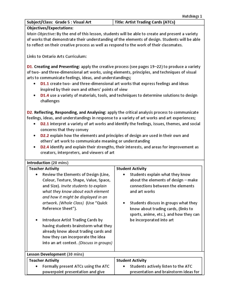 Visual Arts Lesson Plan - Grade 5 ACTs | PDF | Lesson Plan | Design