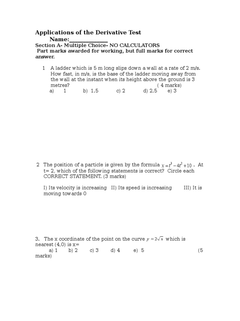 Applications of The Derivative Test Name | PDF | Velocity | Rectangle