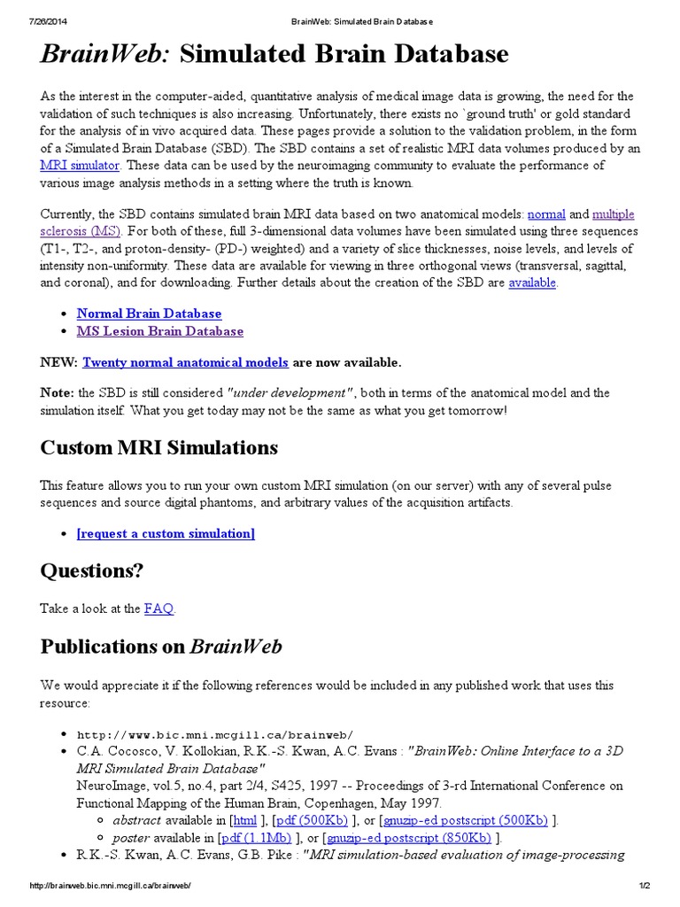 BrainWeb - Simulated Brain Database | PDF | Magnetic Resonance Imaging | Simulation