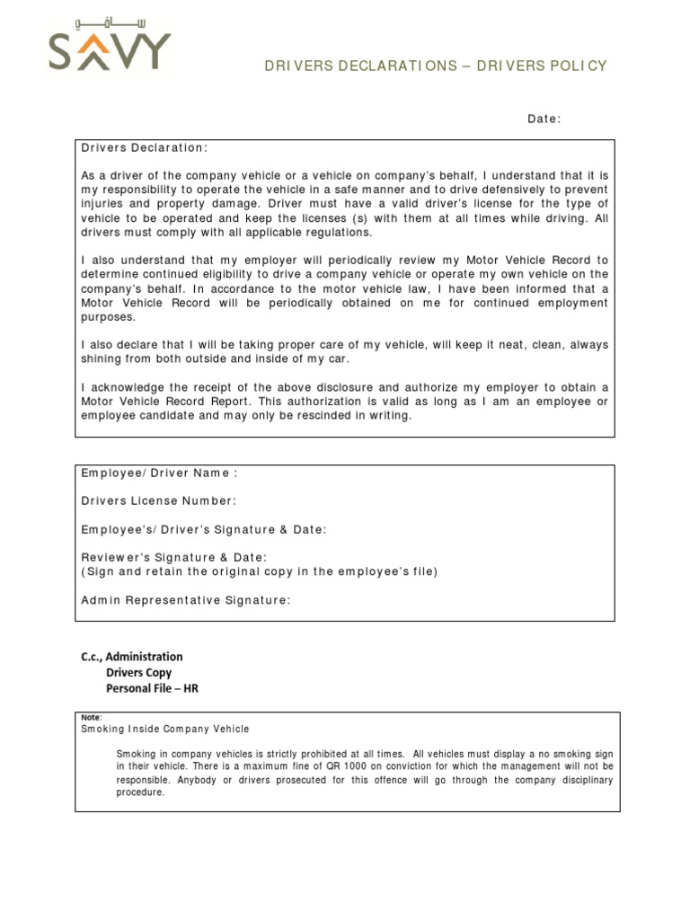Company Vehicle Driver Policy | PDF | Finance & Money Management