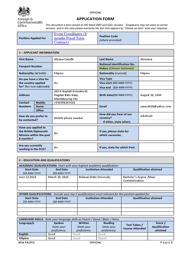 Application Form APAC | PDF | Disability | Employment