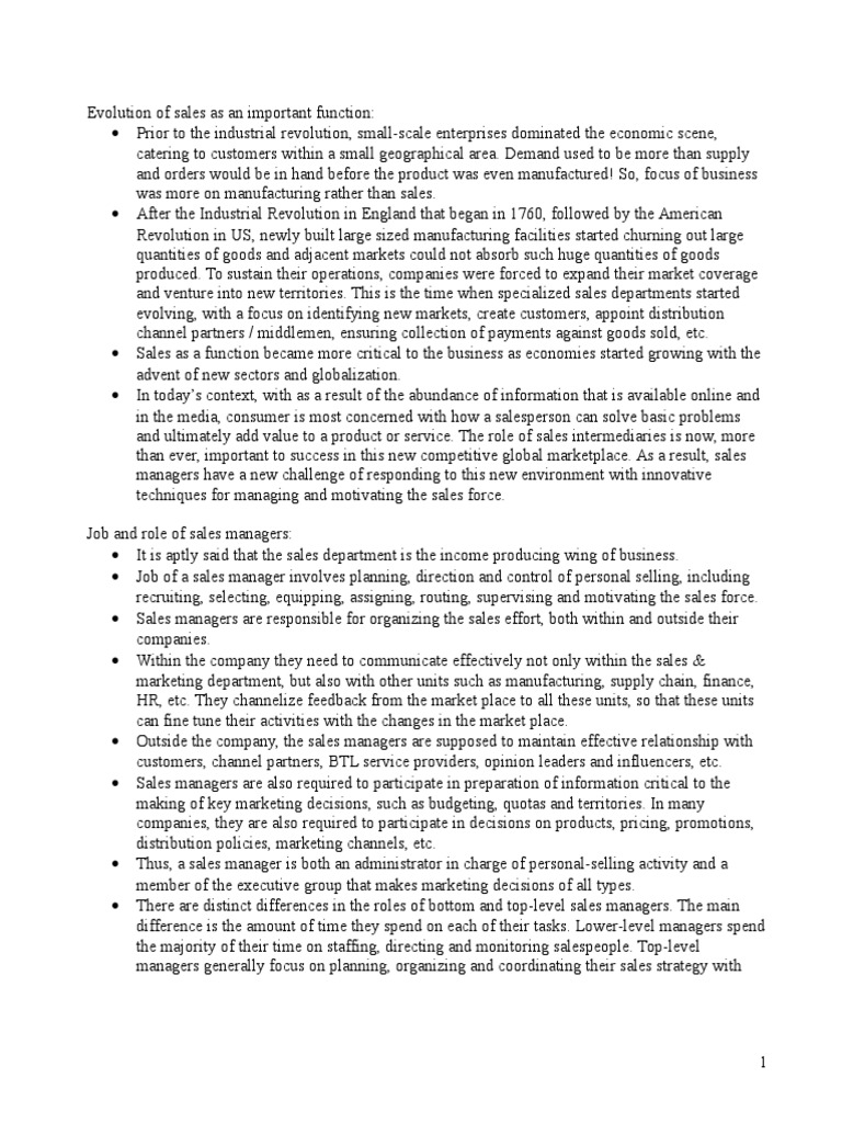 1 - Evolution of Sales Function & Sales Process | PDF | Sales ...