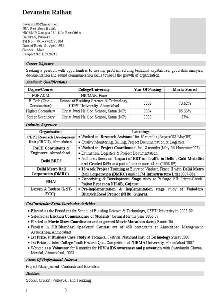 Seeking a Position in Project Management: Resume of Devanshu Ralan Highlighting Relevant ...