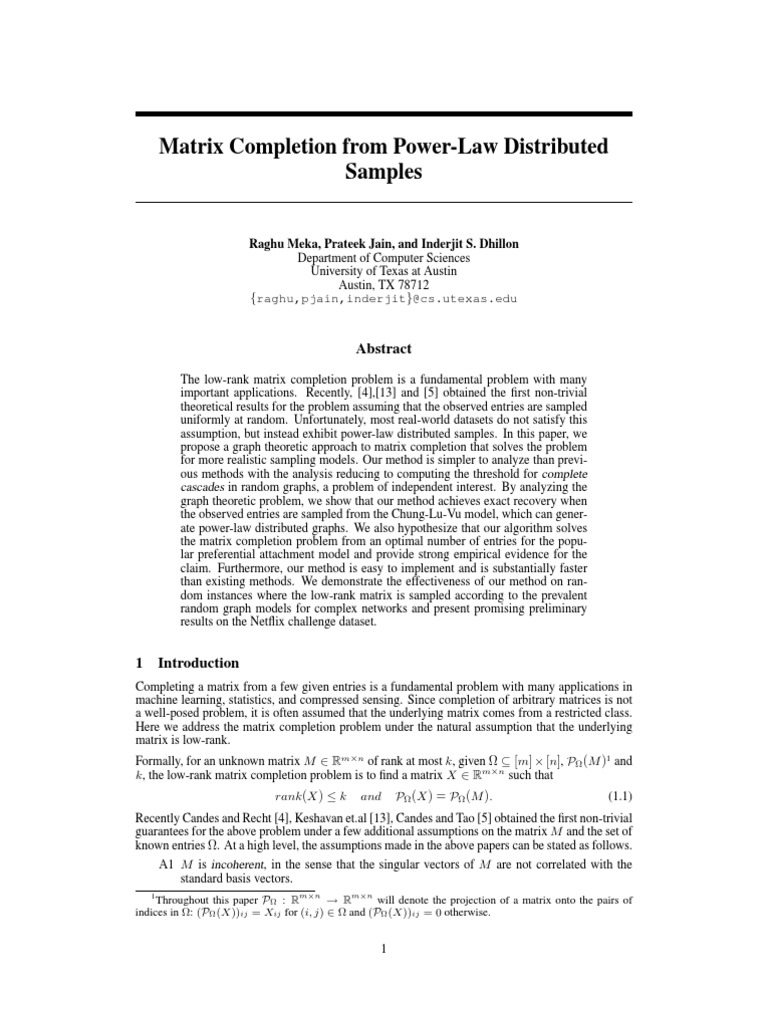 Matrix Completion From Power-Law Distributed Samples: Raghu Meka, Prateek Jain, and Inderjit S ...