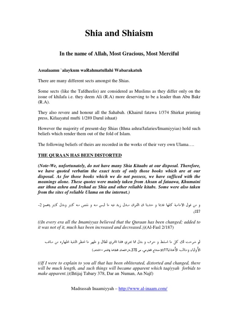 Shia and Shiaism: in The Name of Allah, Most Gracious, Most Merciful | PDF