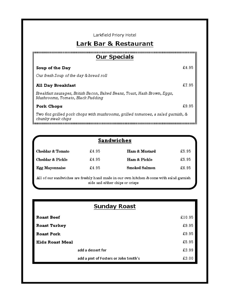 Larkfield Priory Hotel Menu Highlights | PDF | Hamburgers | French Fries