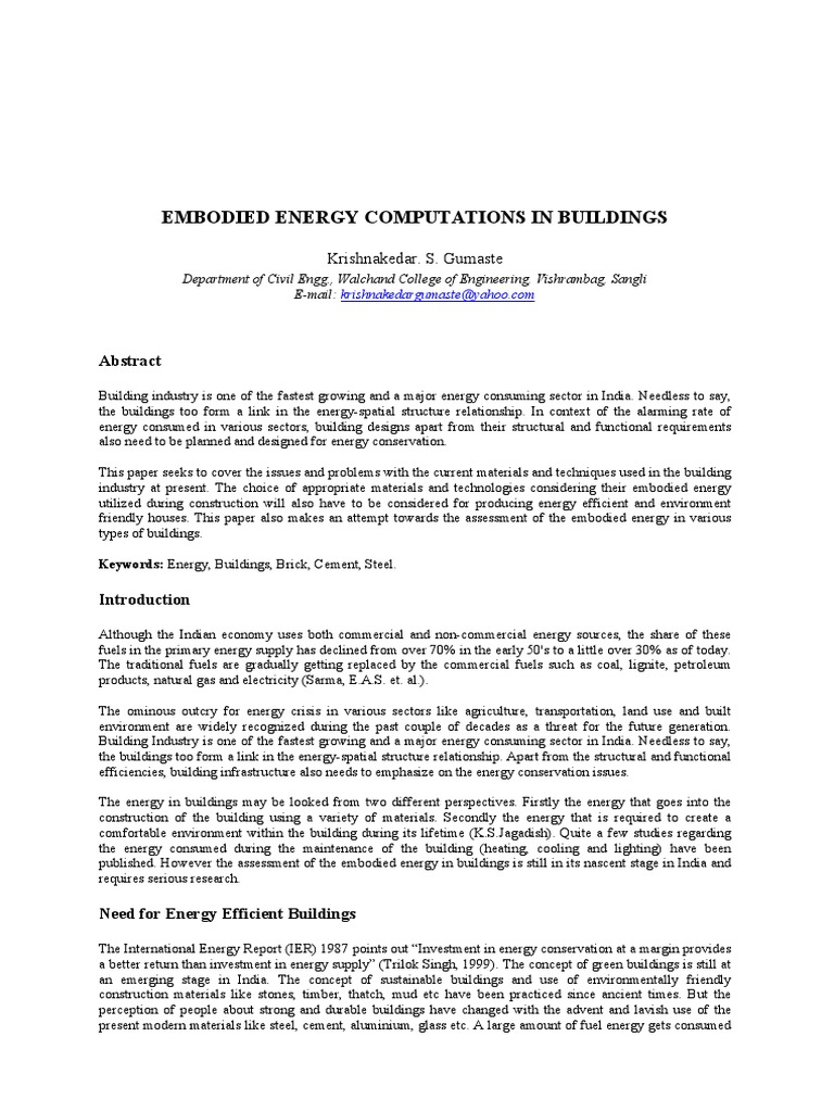 Embodied Energy Computations in Buildings | PDF | Masonry | Brick