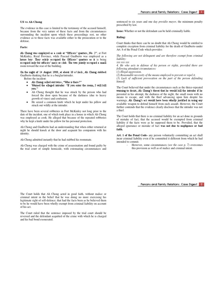 US Vs Ah Chong Case Digest | PDF | Crime & Violence | Crime Thriller