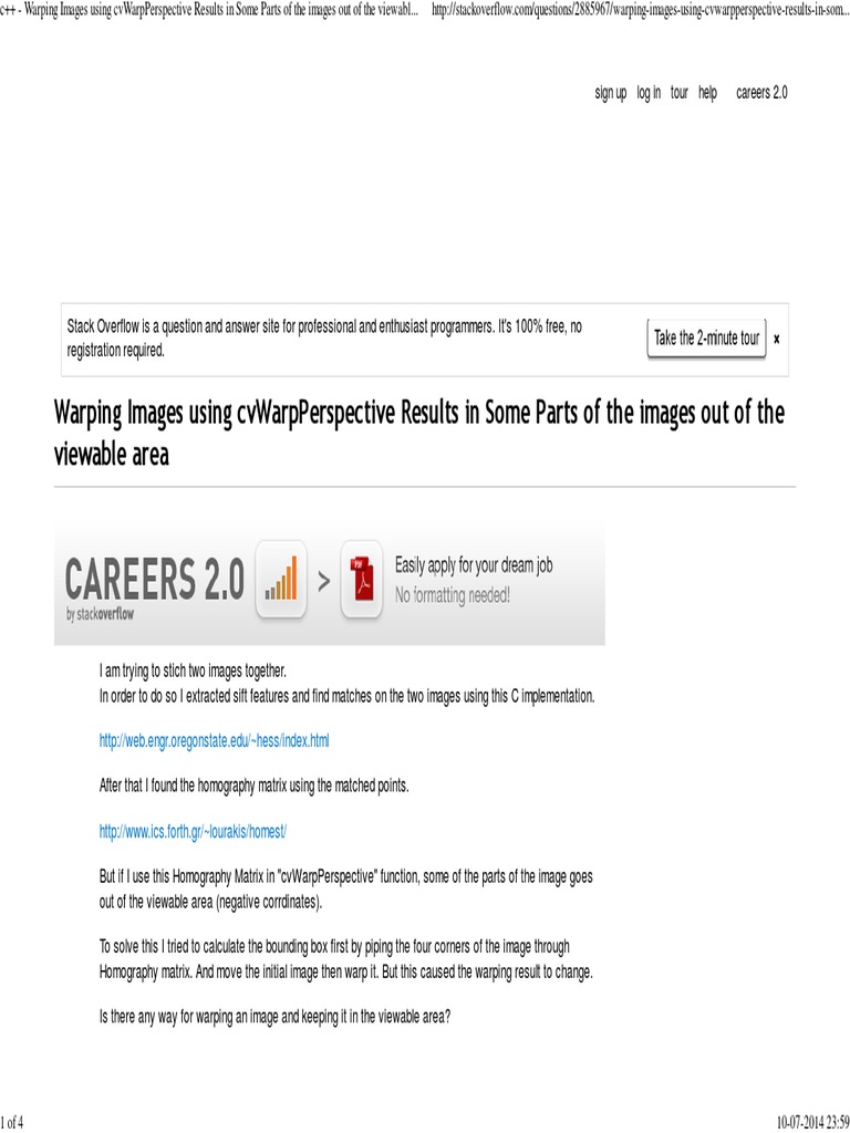 C++ - Warping Images Using cvWarpPerspective Results in Some Parts of The Images Out of The ...