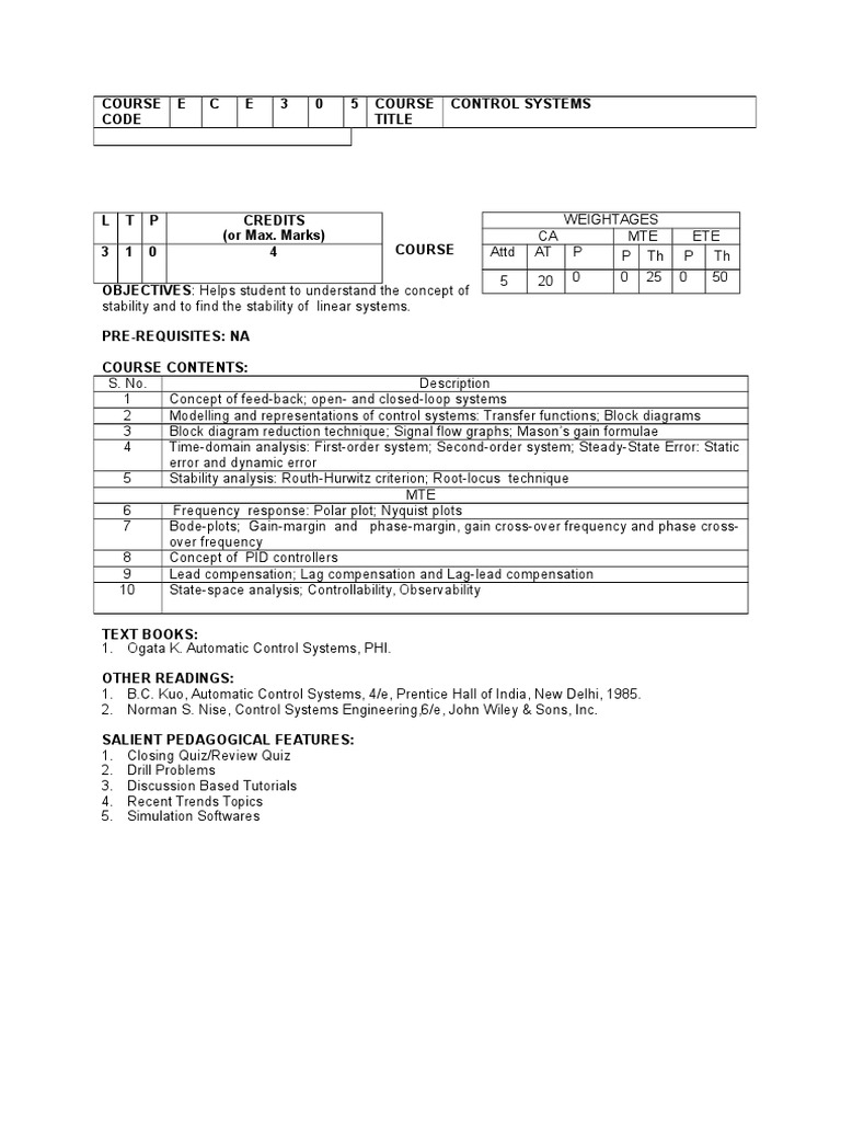 Course Code E C E 3 0 5 Course Title Control Systems | PDF