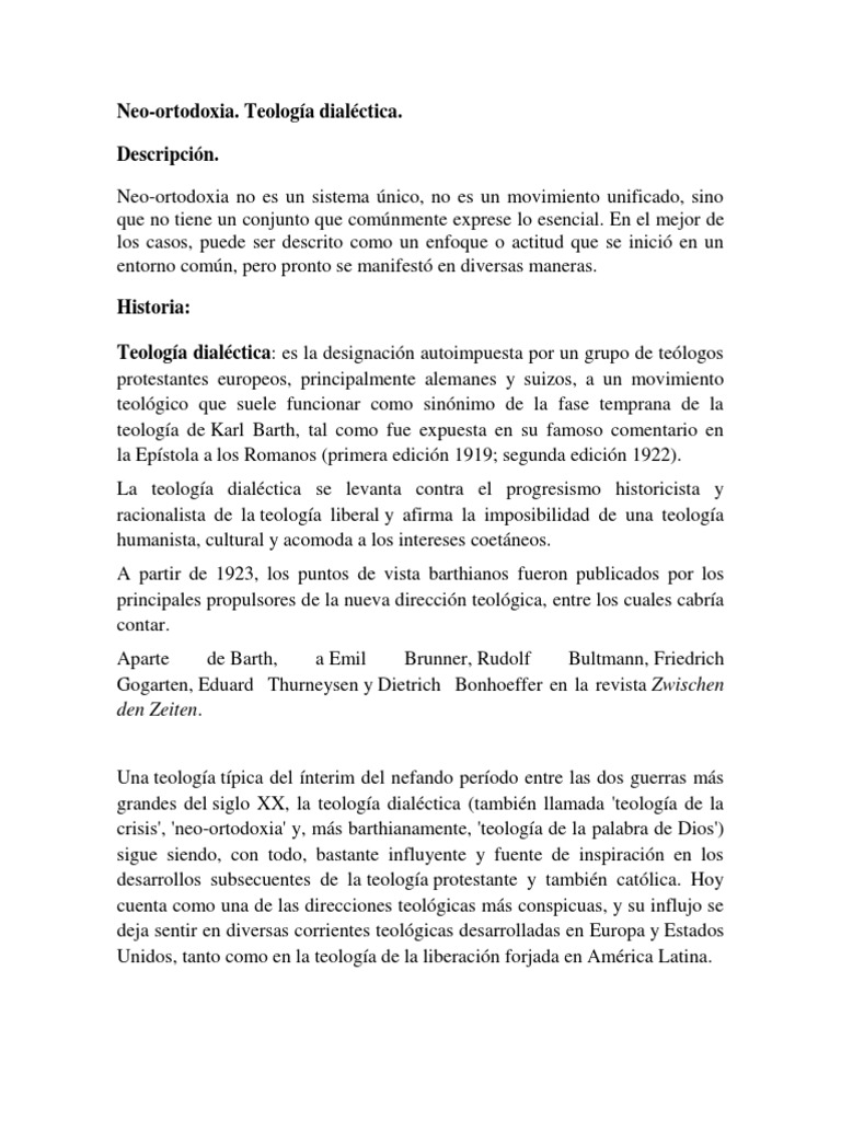 Neo-ortodoxia: Teología Dialéctica y Su Influencia | PDF | Filosofía ...