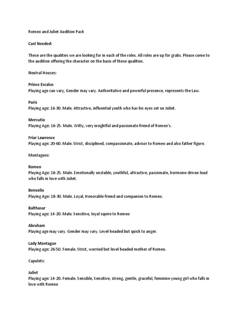 Romeo and Juliet Audition Details | PDF | Characters In Romeo And ...