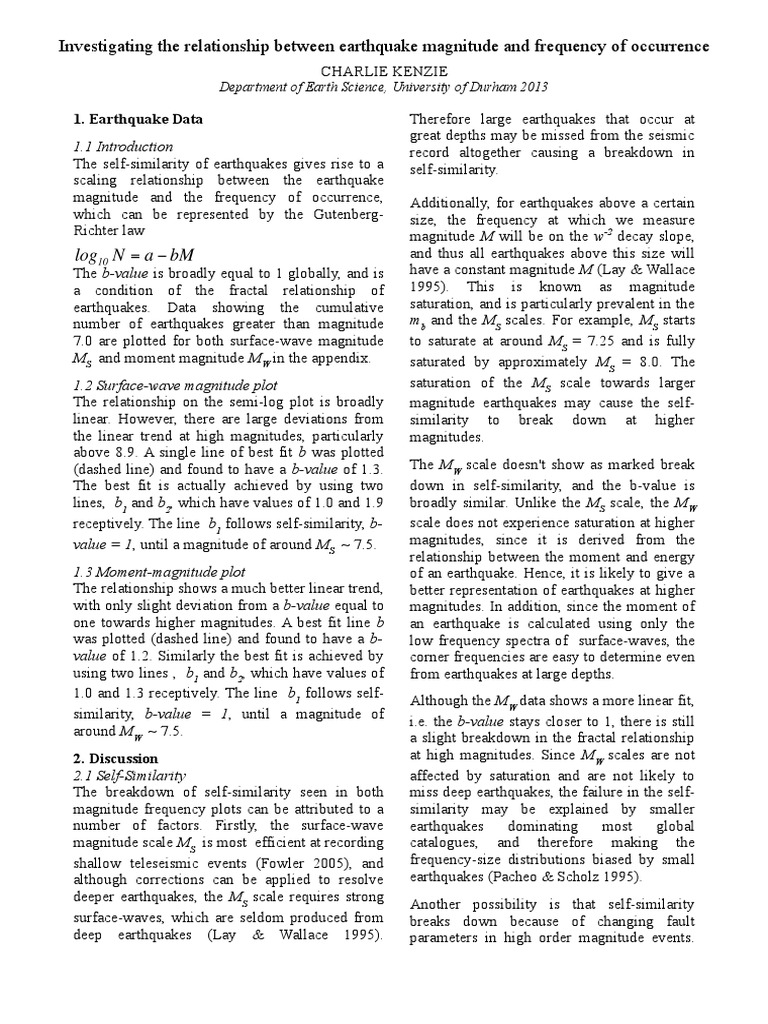 Investigating The Relationship Between Earthquake Magnitude And Frequency Of Occurrence Pdf