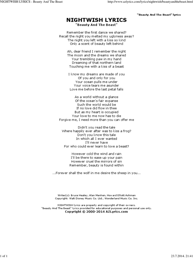 Nightwish Lyrics - Beauty and The Beast | PDF