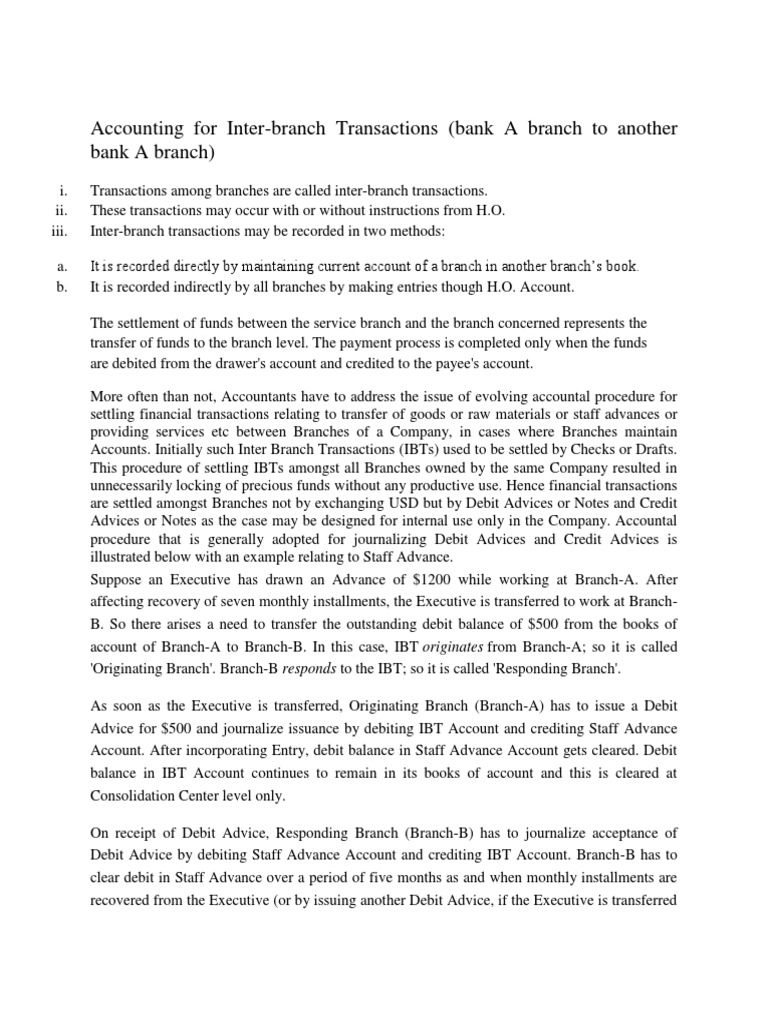 Accounting For Inter-Branch Transactions (Bank A Branch To Another Bank ...