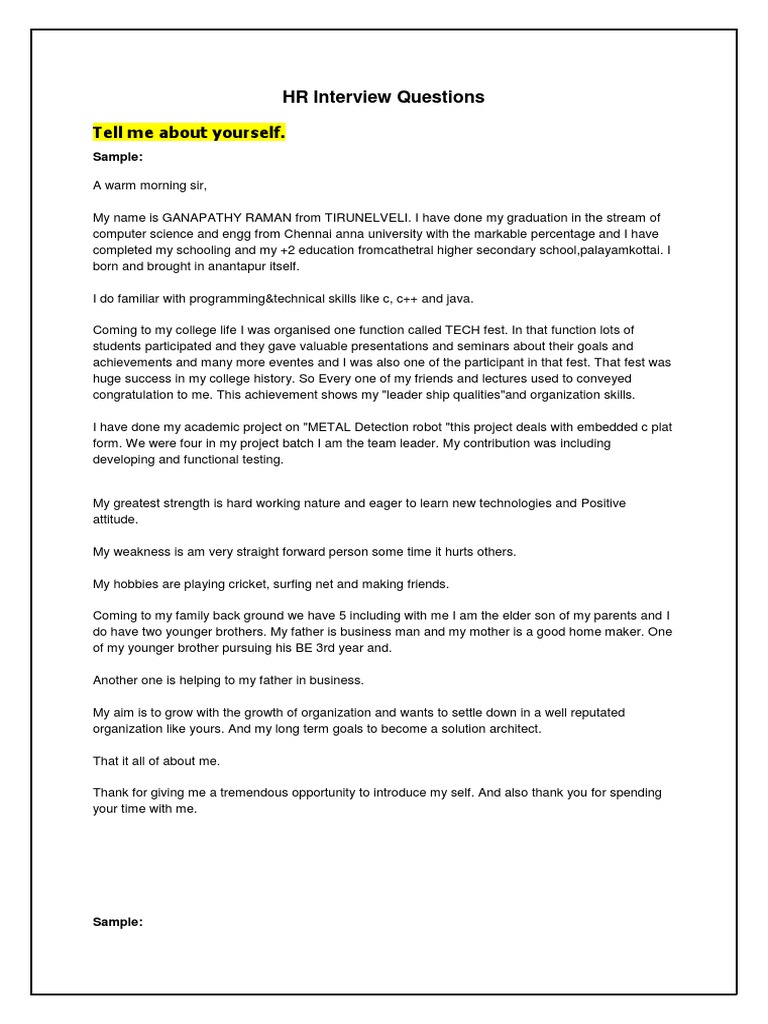 HR Interview Questions Sample Answers | PDF | Anger | Temperament