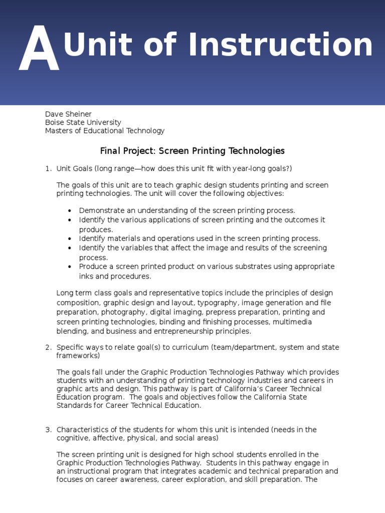 Screen Printing Technologies Unit Plan | PDF | Art Media | Graphic Design