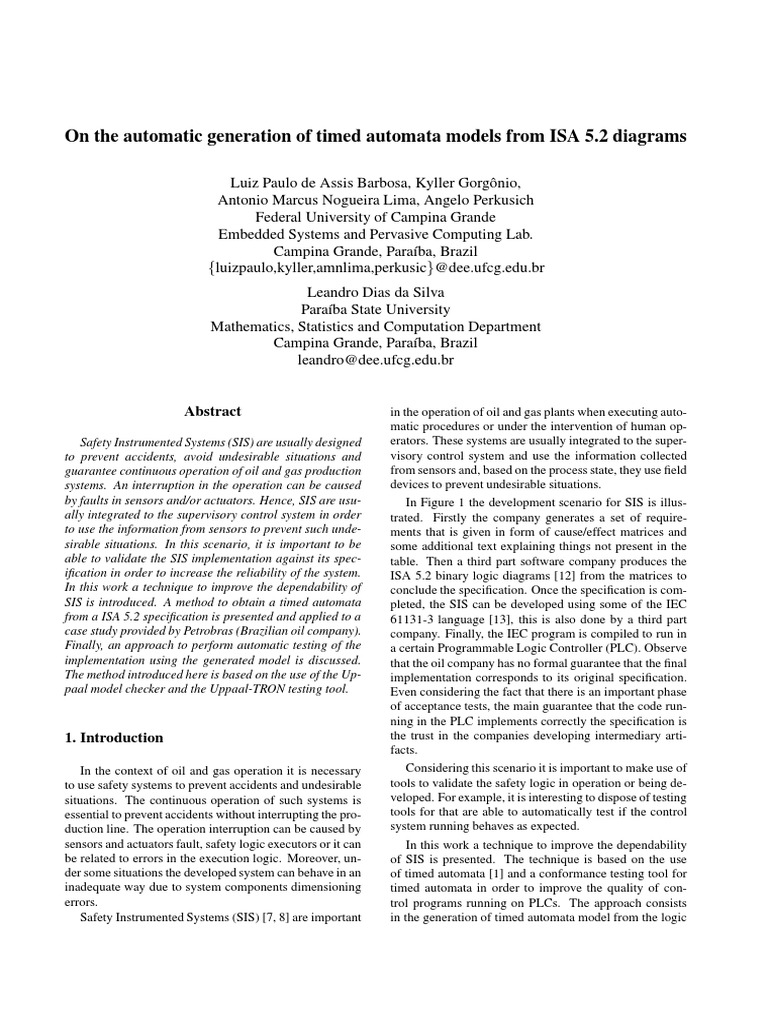 On The Automatic Generation of Timed Automata Models From ISA 5.2 ...