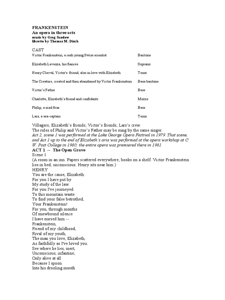 Frankenstein An Opera in Three Acts: Music by Greg Sandow Libretto by ...