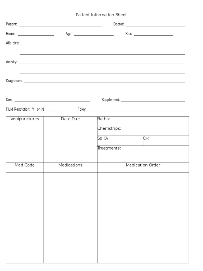 Patient Information Sheet Patient: Doctor: Room: Age: Sex: Allergies | PDF
