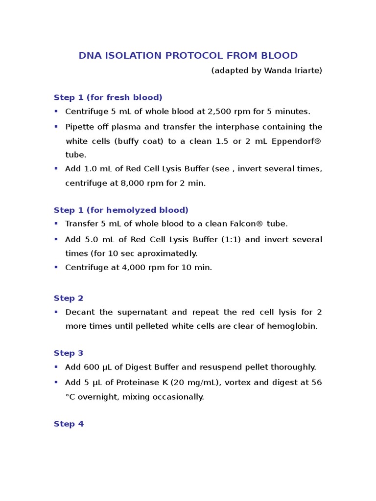 DNA Isolation Protocol From Blood | PDF | Blood | Tissue (Biology)