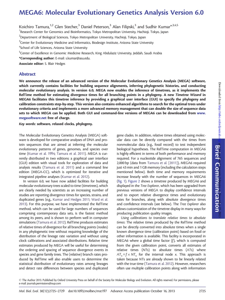 MEGA6: Molecular Evolutionary Genetics Analysis Version 6.0 | PDF