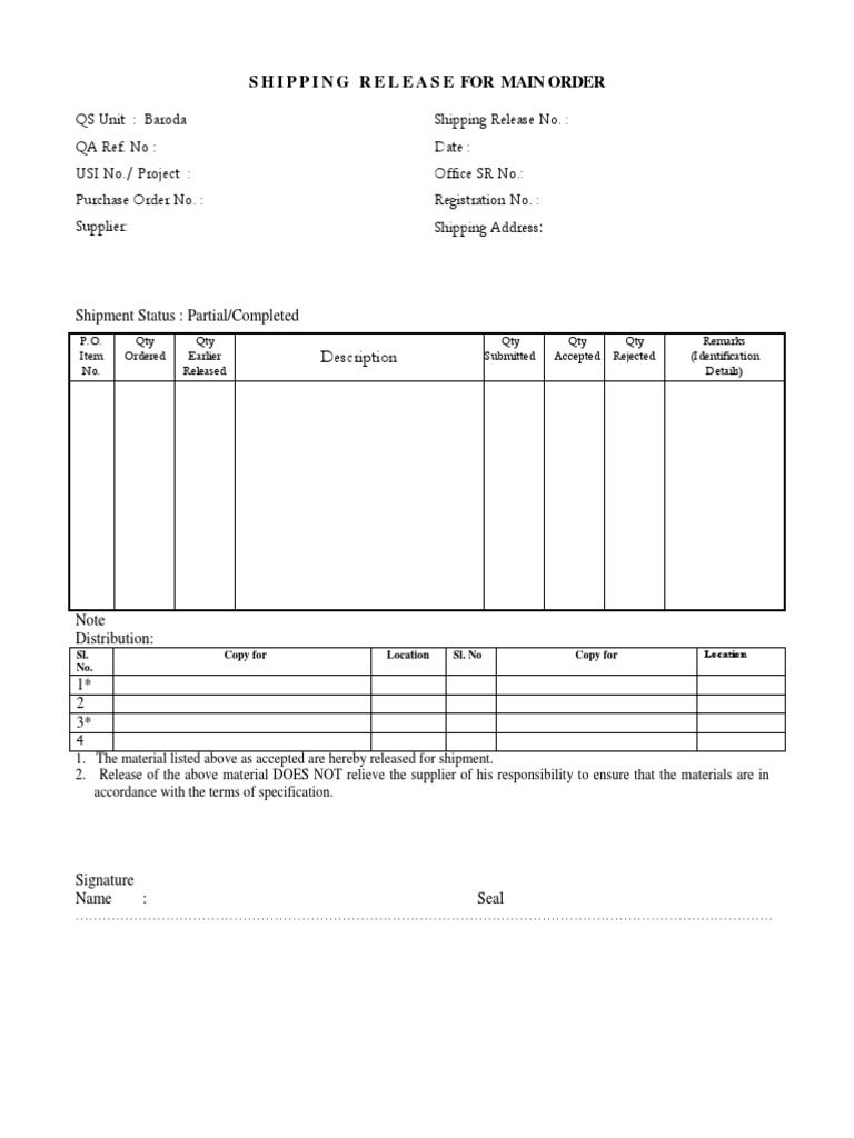Shipping Release Format | PDF