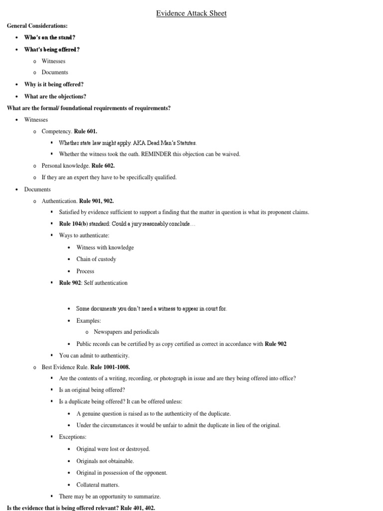 Evidence Attack Sheet | PDF | Witness Impeachment | Evidence (Law)