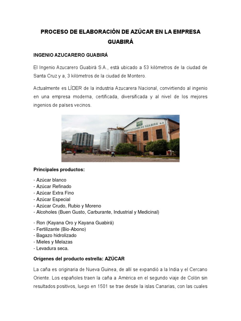 Proceso de Elaboración de Azúcar en La Empresa Guabirá | PDF