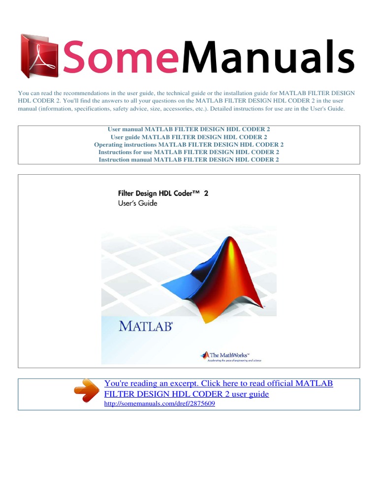 User Manual Matlab Filter Design HDL Coder 2 e | PDF | Hardware Description Language | Vhdl