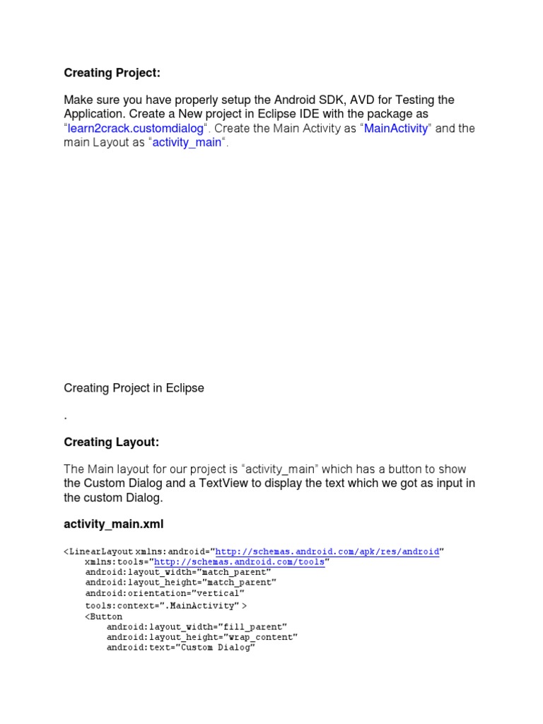 Learn2Crack - Customdialog Mainactivity Activity - Main: Creating Project | PDF | Eclipse ...