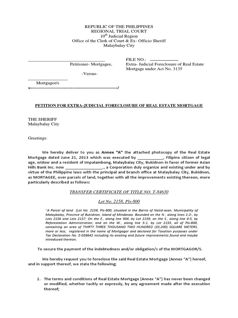 EXTRA JUDICIAL FORECLOSURE.docx | Mortgage Law | Foreclosure