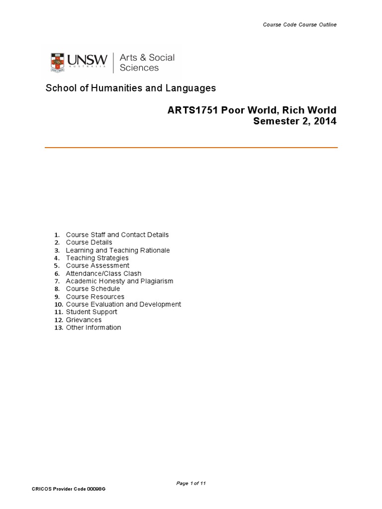 ARTS1751 Course Outline: Poor World, Rich World | PDF | Development ...