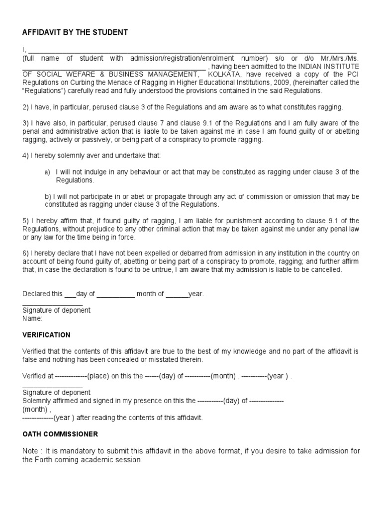 Affidavit by The Student: (Full Name of Student With Admission ...