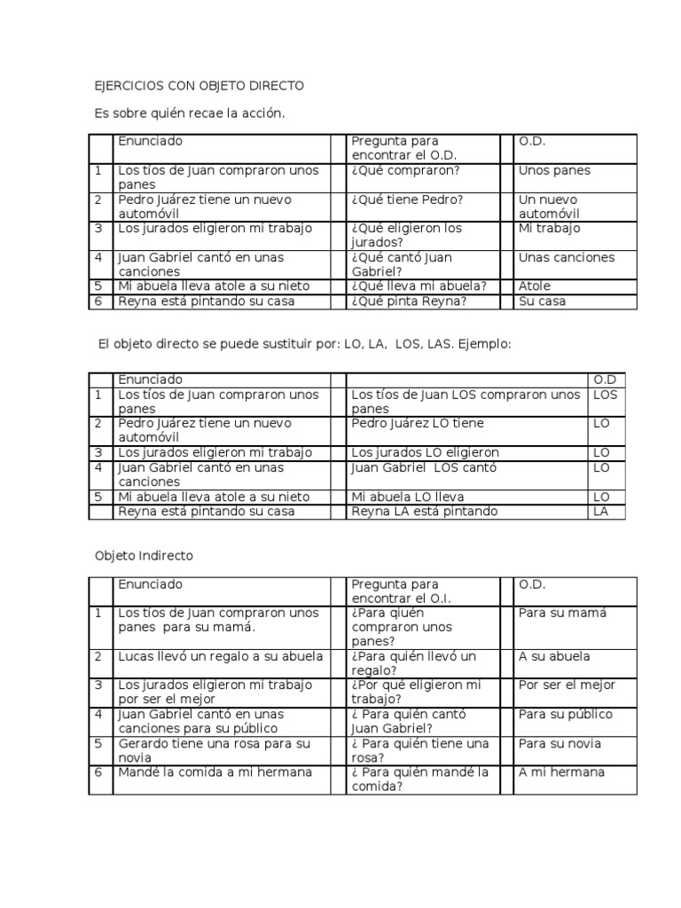Ejercicios Con Objeto Directo | PDF