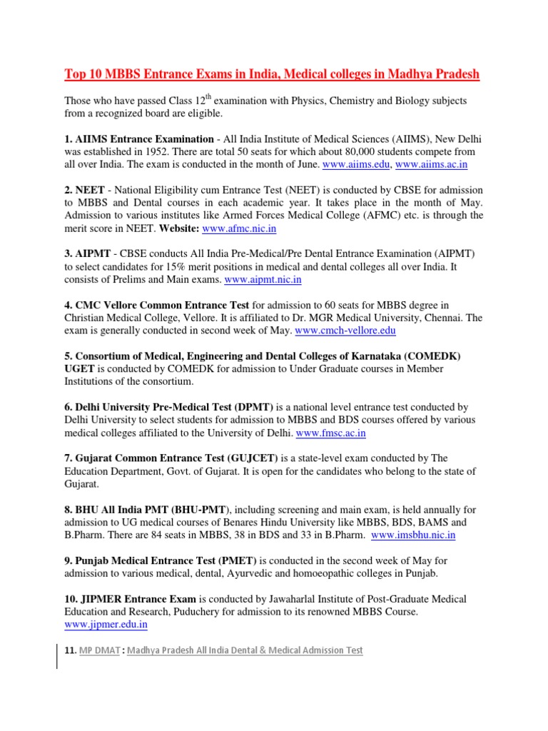 Top 10 MBBS Entrance Exams in India (Revised) | PDF | Learning Programs ...