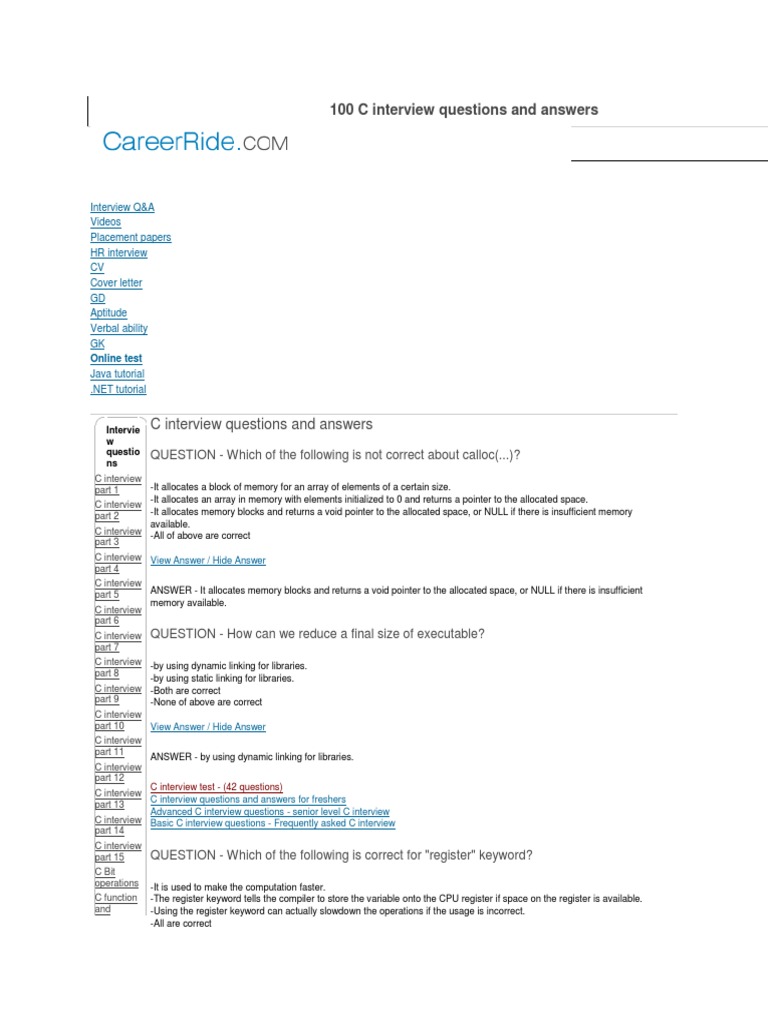 100 C Interview Questions And Answers Pdf C Programming Language Variable Computer Science